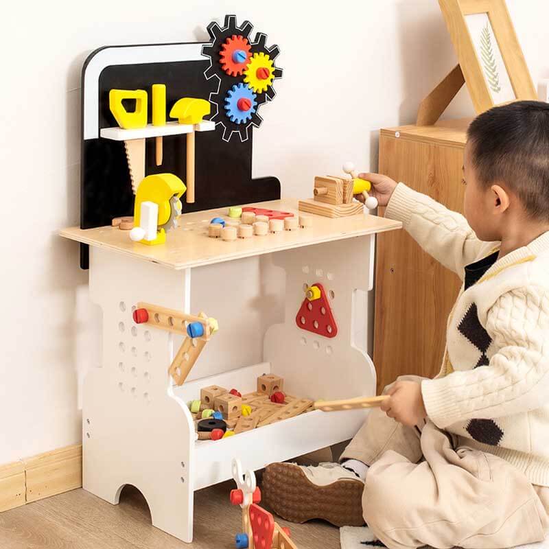 Premium Wooden Tool Table for Kids - Realistic Pretend Play Workbench ...